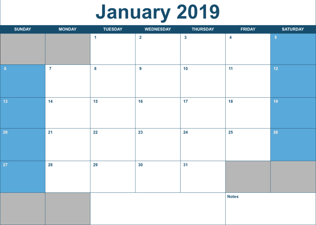 2019 Horizontal Monthly Calendar Template for Numbers | Free iWork ...
